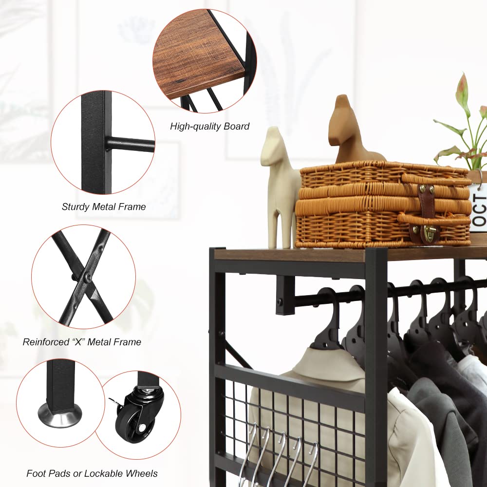 KELIXU Freestanding Coat Rack with Shoe Storage, Industrial Hall Tree Entryway Closet Organizer Shelf and Hooks, Closet Garments Shelf on Wheels for Hallway, Bedroom(Rustic Brown)