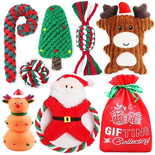 Lobeve Christmas Dog Toys Pack for Puppies,7 Pack Holiday Puppy Toys for Small Dogs,Puppy Chew Toys with Cute Squeaky Toys,Xmas Dog Flying Discs,Treat Ball and More Rope Toys