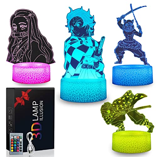 OMGGMO 3D Illusion Demon Slayer Light, Anime Lamp 4 Patterns and 16 Color Change Decor Lamp with Remote Control, Birthday Christmas Gifts for Kids,Boy,Girls