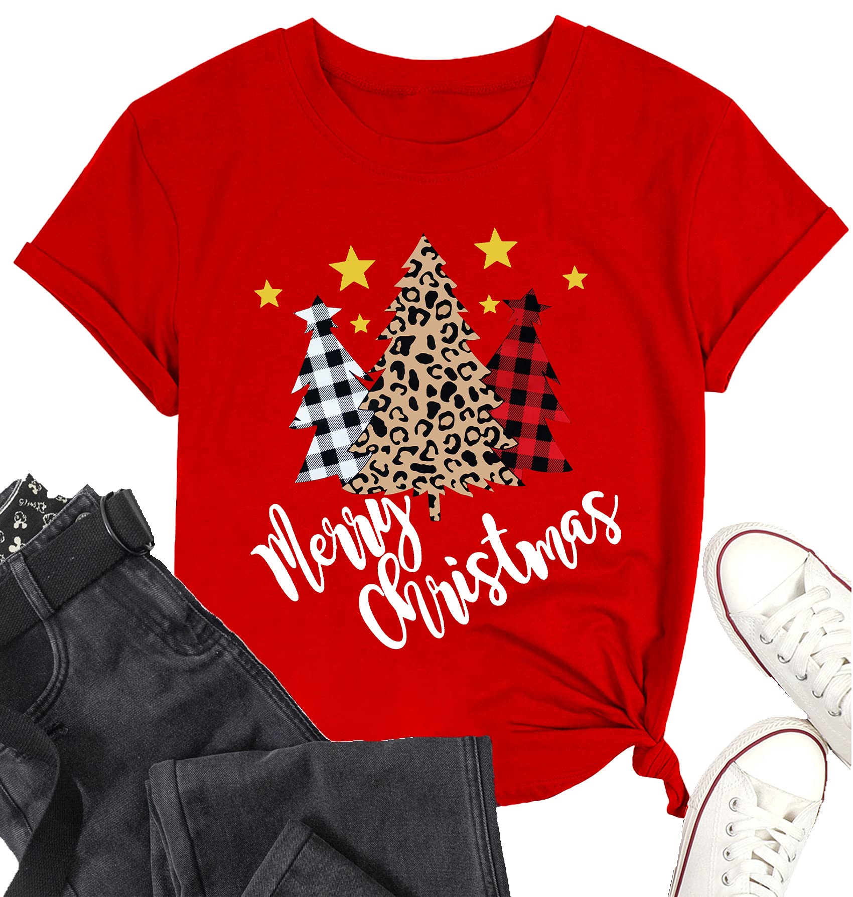MAIHUN Merry Christmas Shirts for Women Leopard Plaid Christmas Trees Shirt Xmas Holiday Tee Tops