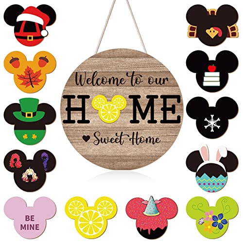 Chenkaiyang 13 Pcs Welcome Sign for Front Door Interchangeable Fall,Seasonal Wreaths Rustic Wood Hanging Signs Welcome Porch Door Sign for Christmas Outdoor Home Porch Decor Gifts,Brown