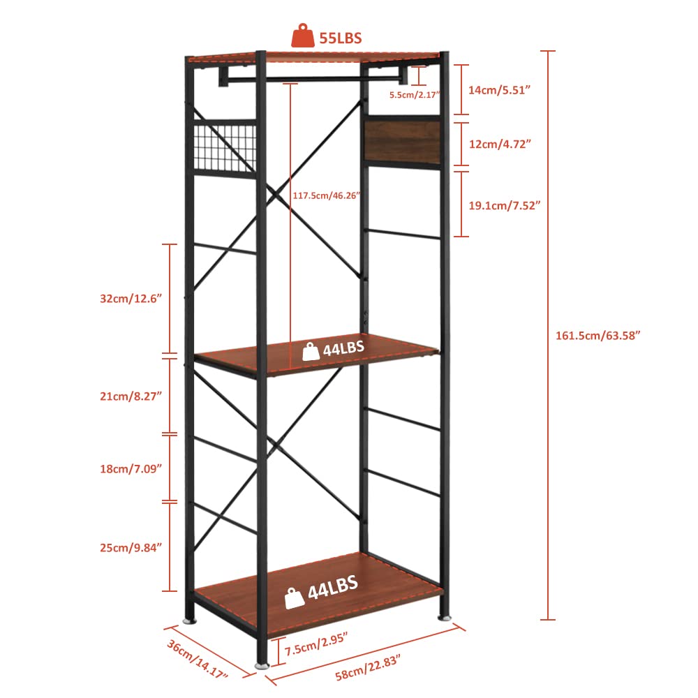 KELIXU Freestanding Coat Rack with Shoe Storage, Industrial Hall Tree Entryway Closet Organizer Shelf and Hooks, Closet Garments Shelf on Wheels for Hallway, Bedroom(Rustic Brown)