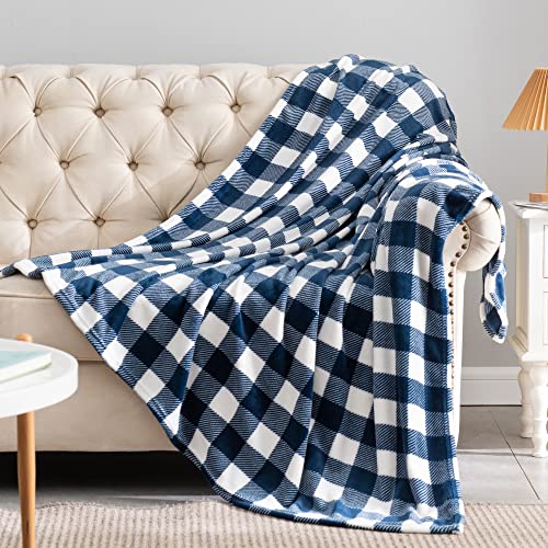 BEDELITE Fleece Throw Blanket for Couch Sofa Bed, Buffalo Plaid Decor Navy and White Checkered Blanket, Cozy Fuzzy Soft Lightweight Warm Blankets for Spring and Summer