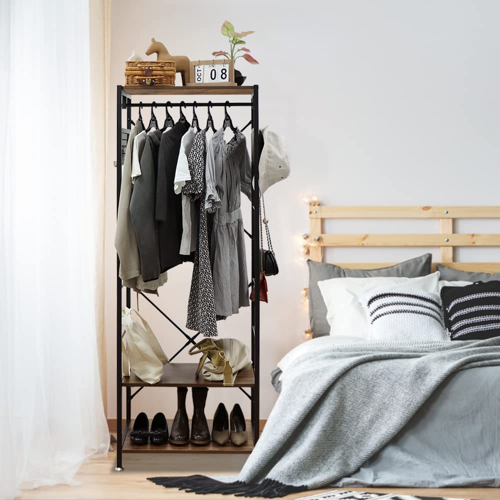 KELIXU Freestanding Coat Rack with Shoe Storage, Industrial Hall Tree Entryway Closet Organizer Shelf and Hooks, Closet Garments Shelf on Wheels for Hallway, Bedroom(Rustic Brown)