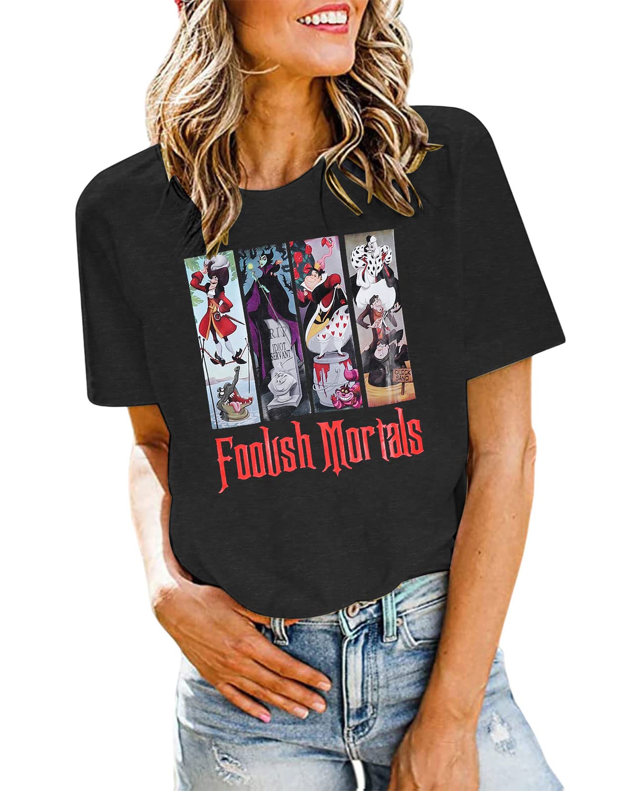 Beware of Hitch Hiking Ghost Shirt Women Funny Halloween Shirt Haunted Mansion Tshirt Hocus Pocus Fall Short Sleeve Top Dark Grey