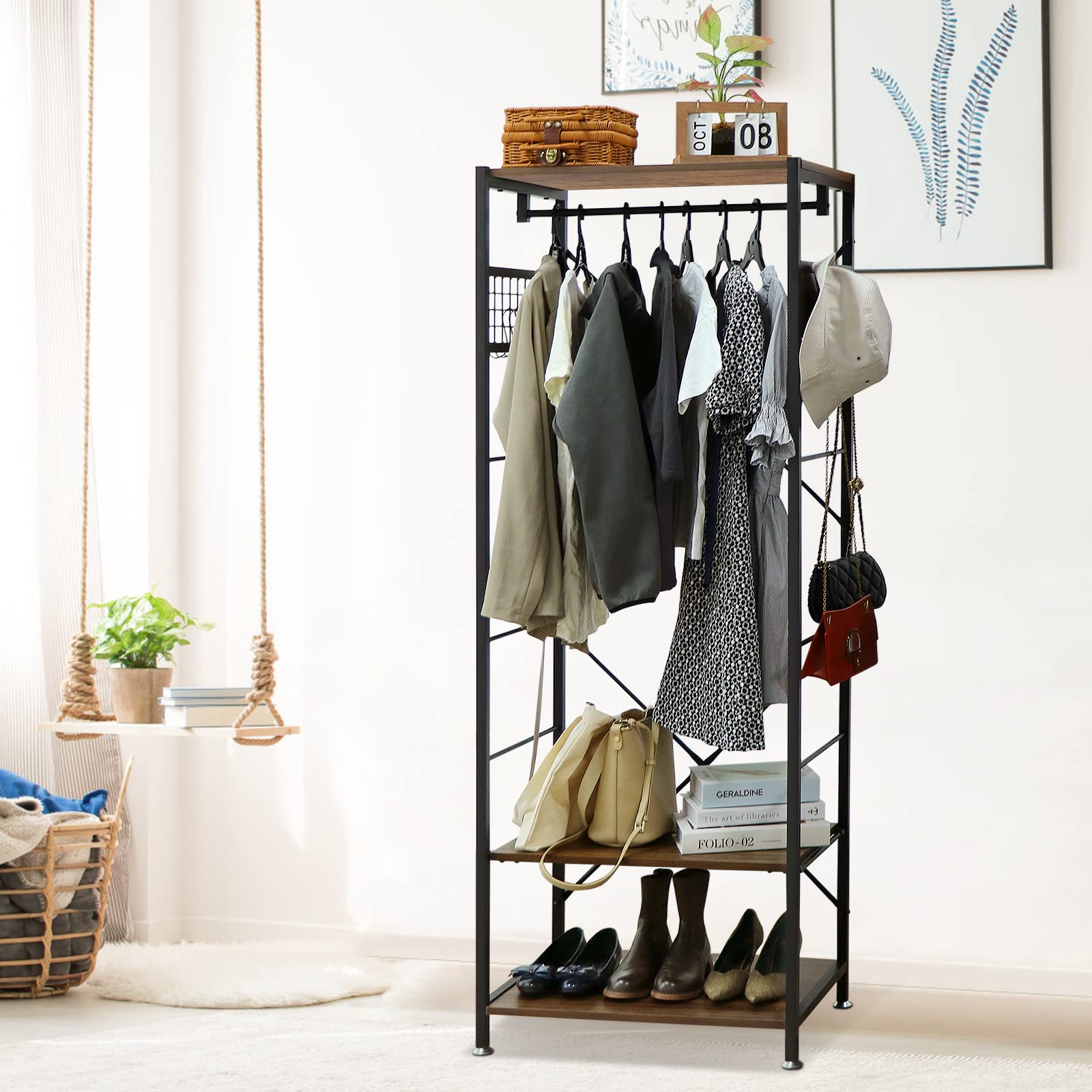 KELIXU Freestanding Coat Rack with Shoe Storage, Industrial Hall Tree Entryway Closet Organizer Shelf and Hooks, Closet Garments Shelf on Wheels for Hallway, Bedroom(Rustic Brown)