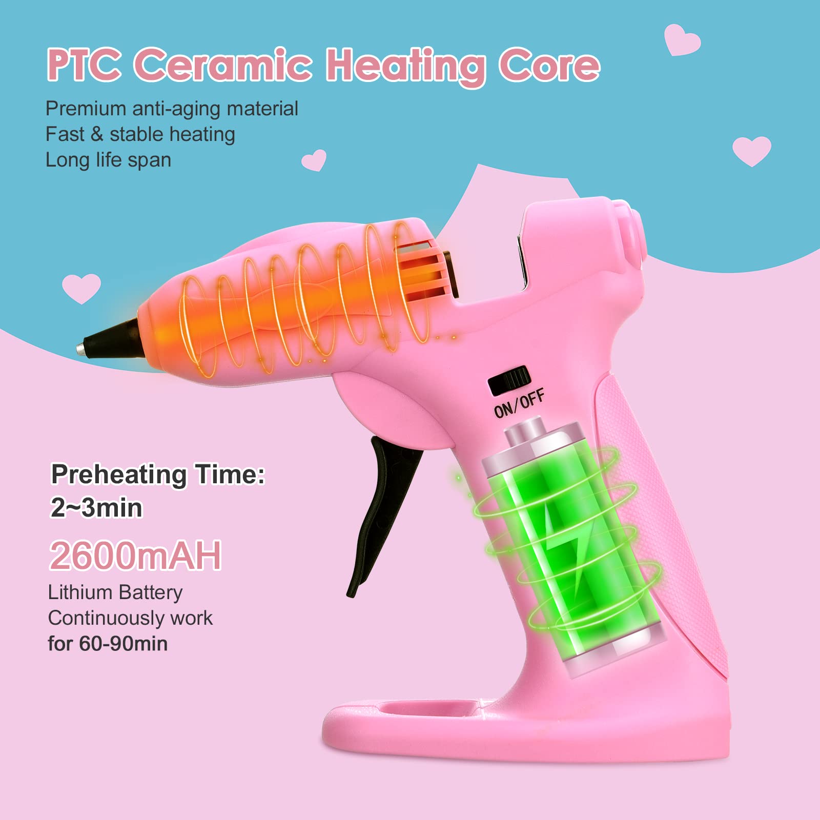 Glue Gun Cordless USB Rechargeable: 2600mAh Battery Operated Fast Preheating Wireless Hot Glue Gun Kit with 30pcs Mini Glue Stick for Crafts DIY Arts Home Repairs - Pink