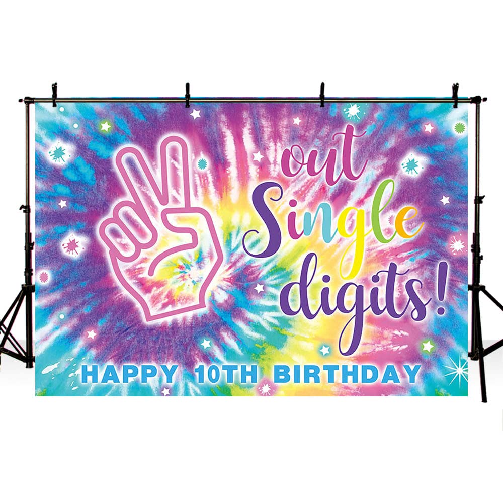 7x5ft Out Single Digits Backdrop Happy 10th Birthday Party Decorations Supplies for Baby Tie Dye Rainbow Neon It's My 10 Years Old Bday Photography Background Banner Photo Shoot Studio Props, Purple
