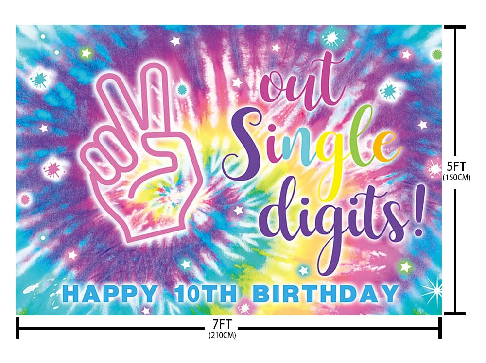 7x5ft Out Single Digits Backdrop Happy 10th Birthday Party Decorations Supplies for Baby Tie Dye Rainbow Neon It's My 10 Years Old Bday Photography Background Banner Photo Shoot Studio Props, Purple