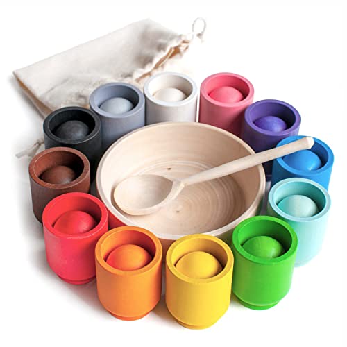 Ulanik Balls in Cups Montessori Toy Wooden Sorter Game 12 Balls 30 mm Age 1+ Color Sorting and Counting Preschool Learning Education