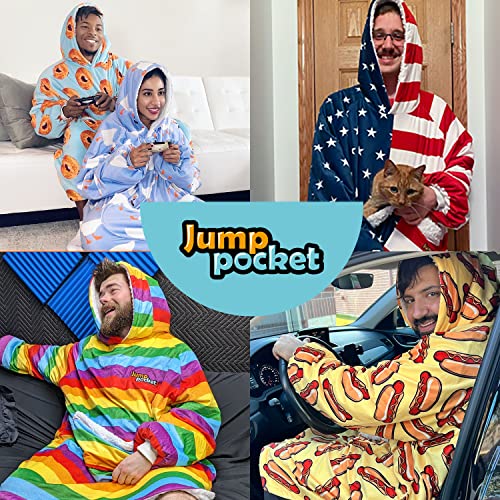 Jump Pocket Blanket Hoodie | Oversized Microfiber & Sherpa Wearable Blankets| Adult & Kids Size (Rainbow)