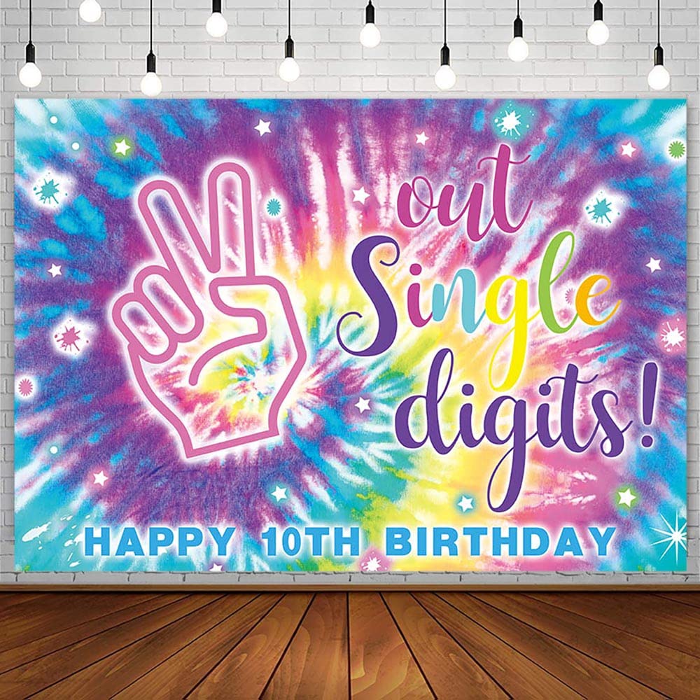 7x5ft Out Single Digits Backdrop Happy 10th Birthday Party Decorations Supplies for Baby Tie Dye Rainbow Neon It's My 10 Years Old Bday Photography Background Banner Photo Shoot Studio Props, Purple