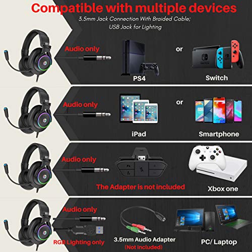 HP Wired Gaming Headphones Xbox One Headset with Surround Sound, RGB LED Lighting, Noise Isolating Over Ear Gaming Headset with Adjustable Mic, for PS5,PS4, Xbox One, Nintendo Switch, PC, Laptop-Black