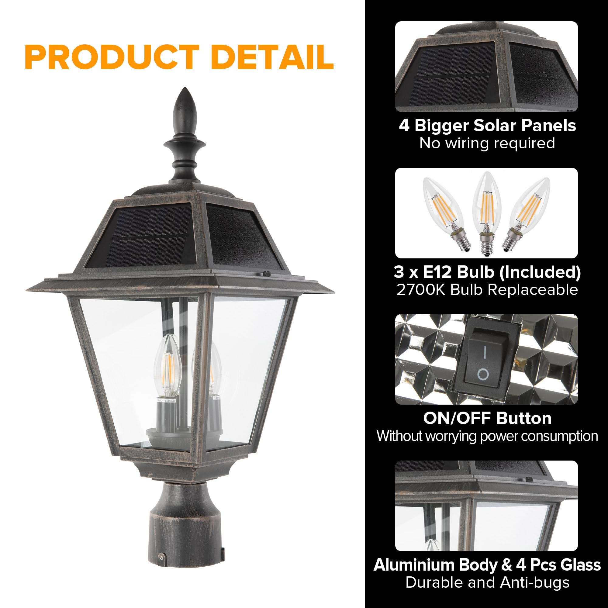 LUTEC Outdoor Solar Lamp Post Light, Dusk to Dawn 300LM Waterproof Pole Light Head with 4 Pcs Glass, Exterior Solar Powered Fence Post Light Fixtures for Garden, Patio, Yard(Brown)