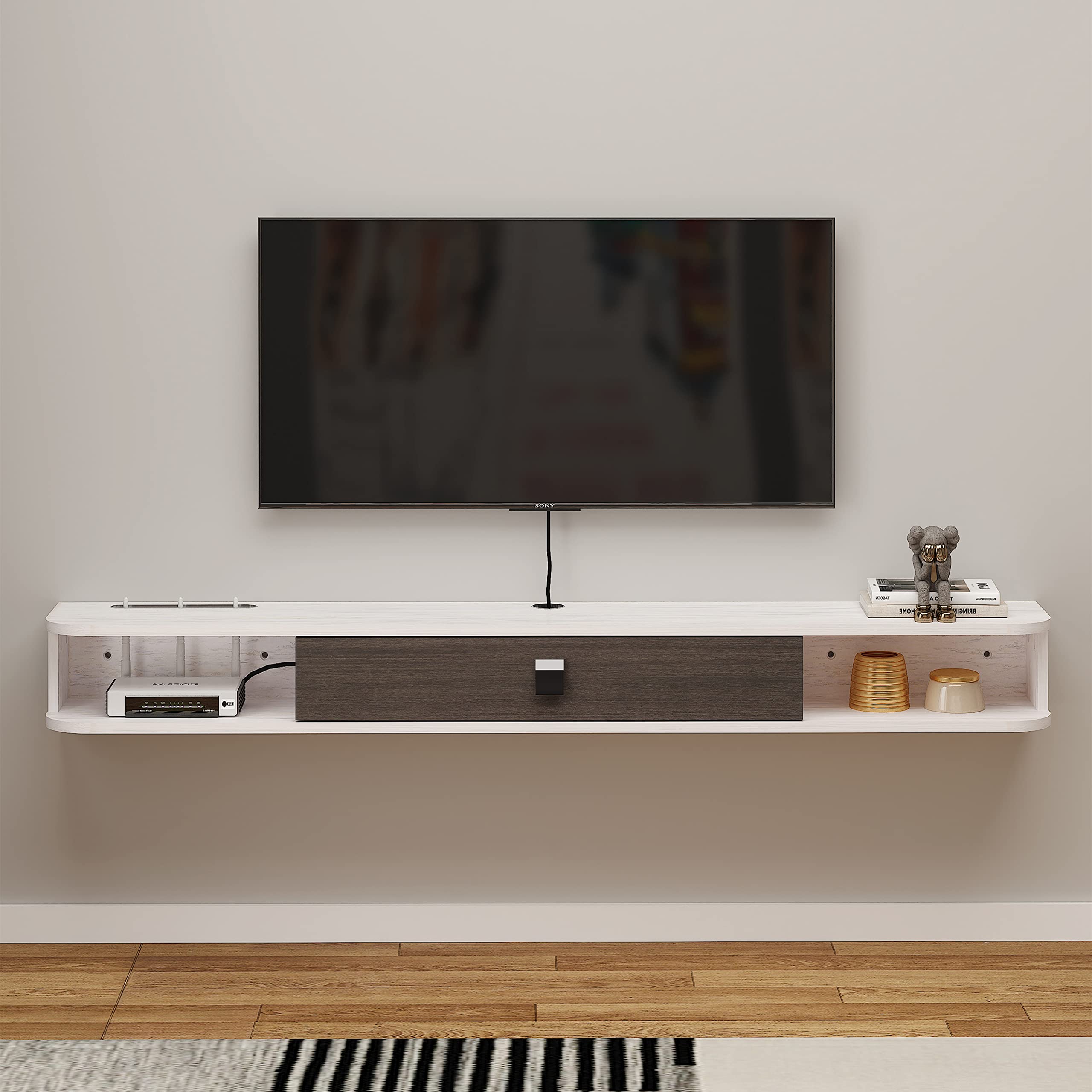 Bixiaomei Floating TV Unit, 79'' Wall Mounted TV Cabinet, Floating Shelves with Door, Modern Entertainment Media Console Center Large Storage TV Bench for Living Room & Office (78.74IN, Grey White)