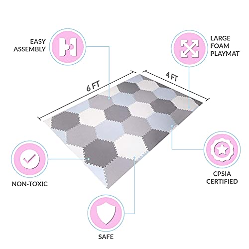 Baby Brielle Soft Non-Toxic Extra Thick Interlocking Hexagon Tile Foam for Babies and Toddlers - Exercise Mats for Crawling, Playing Grey & White Floor Mat for Nursery, Play Room - 48βx72β, 38 Pieces