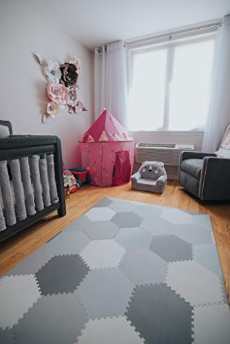 Baby Brielle Soft Non-Toxic Extra Thick Interlocking Hexagon Tile Foam for Babies and Toddlers - Exercise Mats for Crawling, Playing Grey & White Floor Mat for Nursery, Play Room - 48βx72β, 38 Pieces