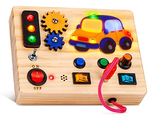 Auney Montessori Busy Board with Traffic Led Lights,Wooden Sensory Toys for Toddlers 1-3,Baby Travel Toys with 7 Different Led Lights Sound Button,Educational Toys for 1+ Year Old Boy Car Style Gift