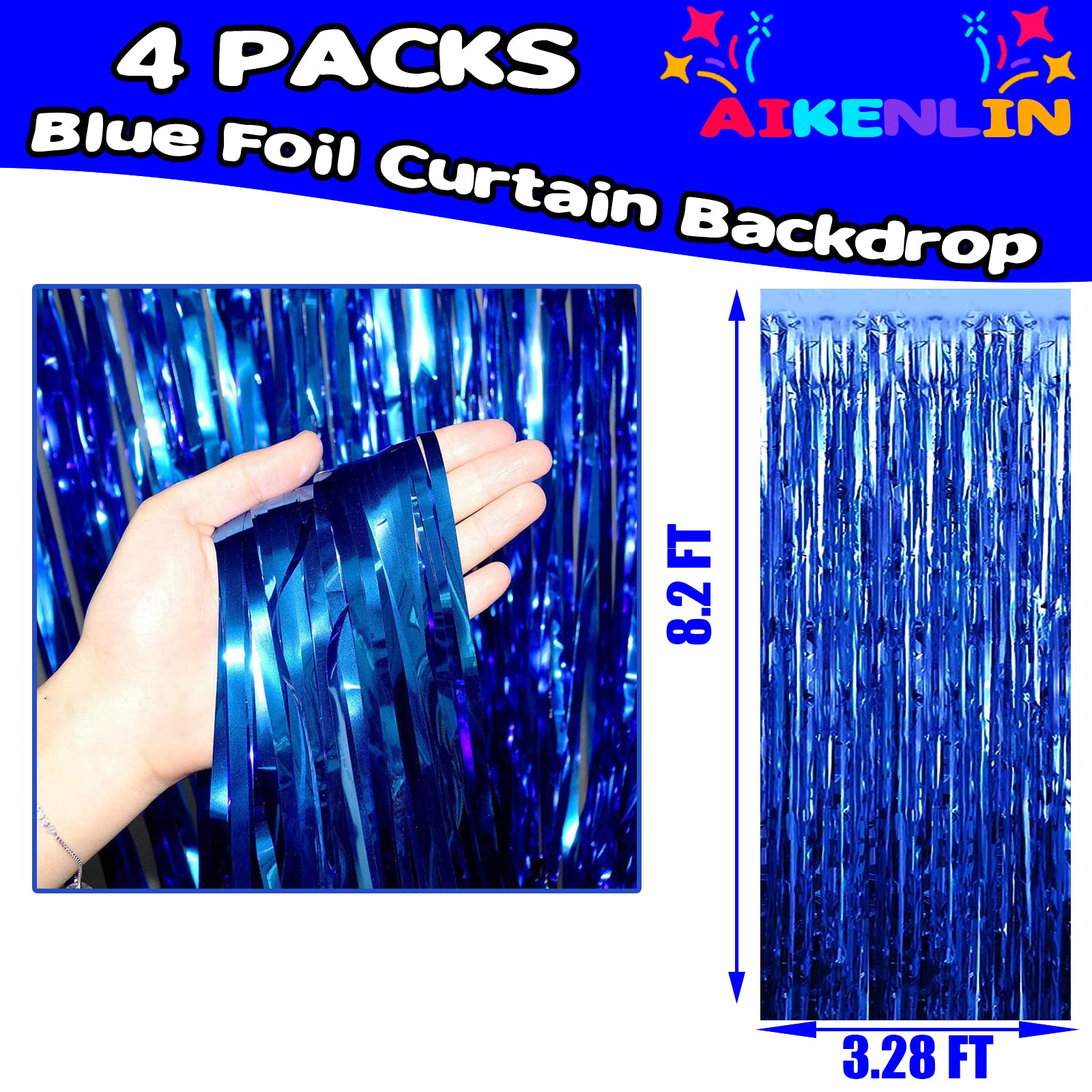 4 Pack 3.2Ft x 8.2Ft Blue Foil Fringe Curtain Backdrop, Metallic Tinsel Foil Fringe Streamers Curtains Background for Photo Booth, Birthday, Wedding, Halloween, Christmas Party Decoration