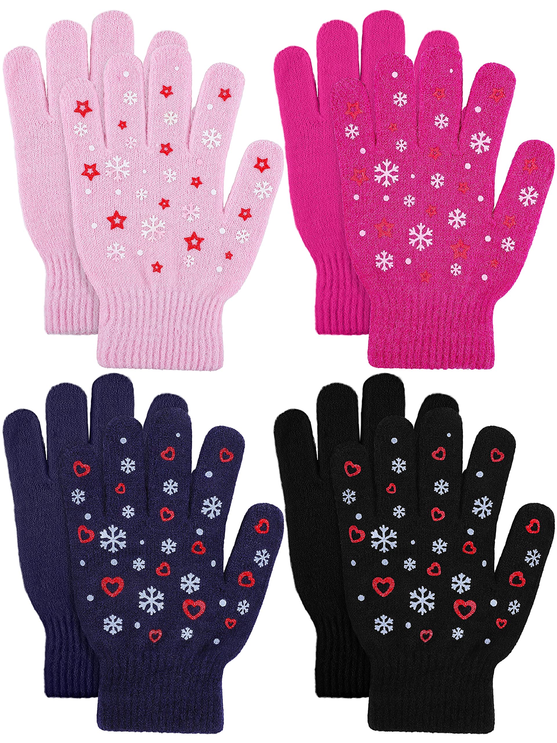 Cooraby 4 Pair Stretch Winter Kids Gloves Full Fingers Magic Gloves Winter Warm Student Knitted Gloves for Boys Girls Kids