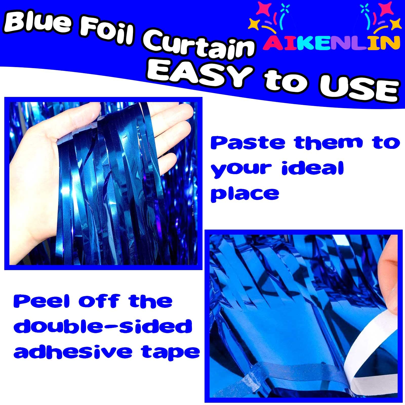 4 Pack 3.2Ft x 8.2Ft Blue Foil Fringe Curtain Backdrop, Metallic Tinsel Foil Fringe Streamers Curtains Background for Photo Booth, Birthday, Wedding, Halloween, Christmas Party Decoration