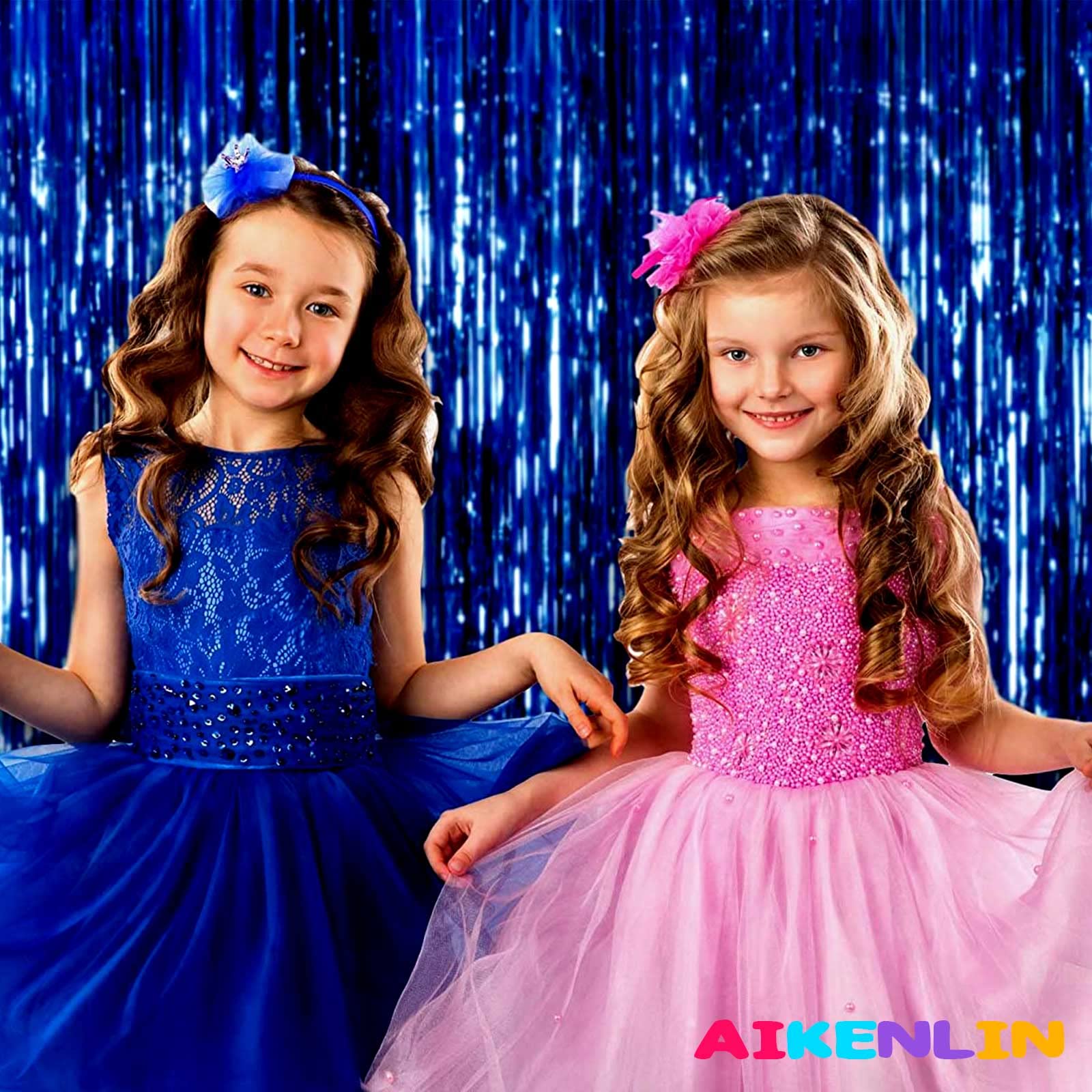 4 Pack 3.2Ft x 8.2Ft Blue Foil Fringe Curtain Backdrop, Metallic Tinsel Foil Fringe Streamers Curtains Background for Photo Booth, Birthday, Wedding, Halloween, Christmas Party Decoration