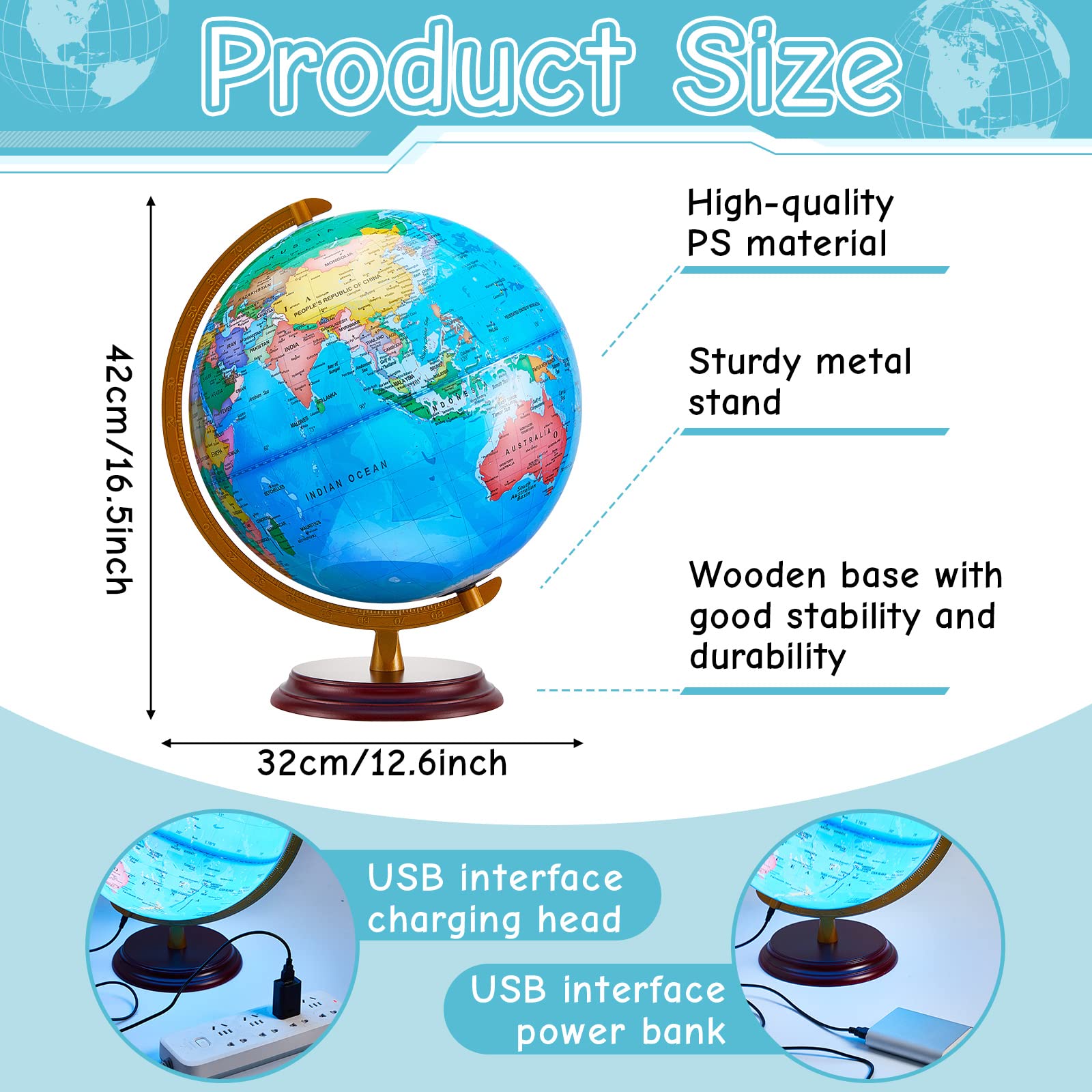 Amylove 13'' Illuminated World Globe with Stand 720°/360° Rotation Rewritable Light Up Globe for Kid World Map for Interactive Learning Light with Base Lamp LED Decor(Classic)