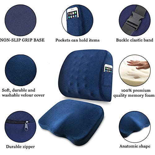 Memory Foam Seat Cushion & Back Cushions,Lumbar Support Pillow for Office Chair and Car ,Ergonomic Design for Coccyx Orthopedic,Relieves Back, Hip, Tailbone (Navy Blue)