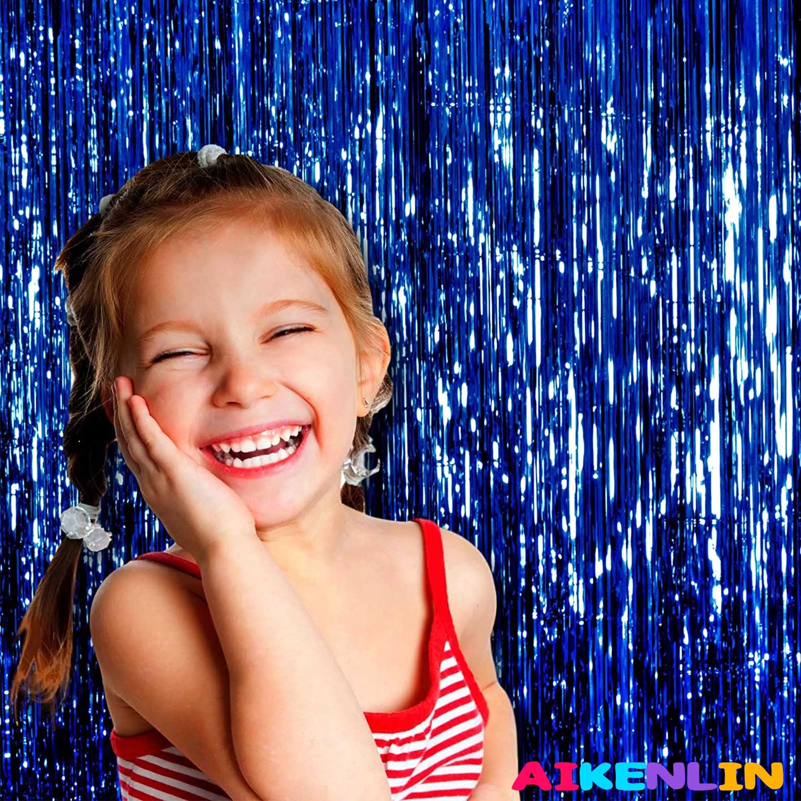 4 Pack 3.2Ft x 8.2Ft Blue Foil Fringe Curtain Backdrop, Metallic Tinsel Foil Fringe Streamers Curtains Background for Photo Booth, Birthday, Wedding, Halloween, Christmas Party Decoration