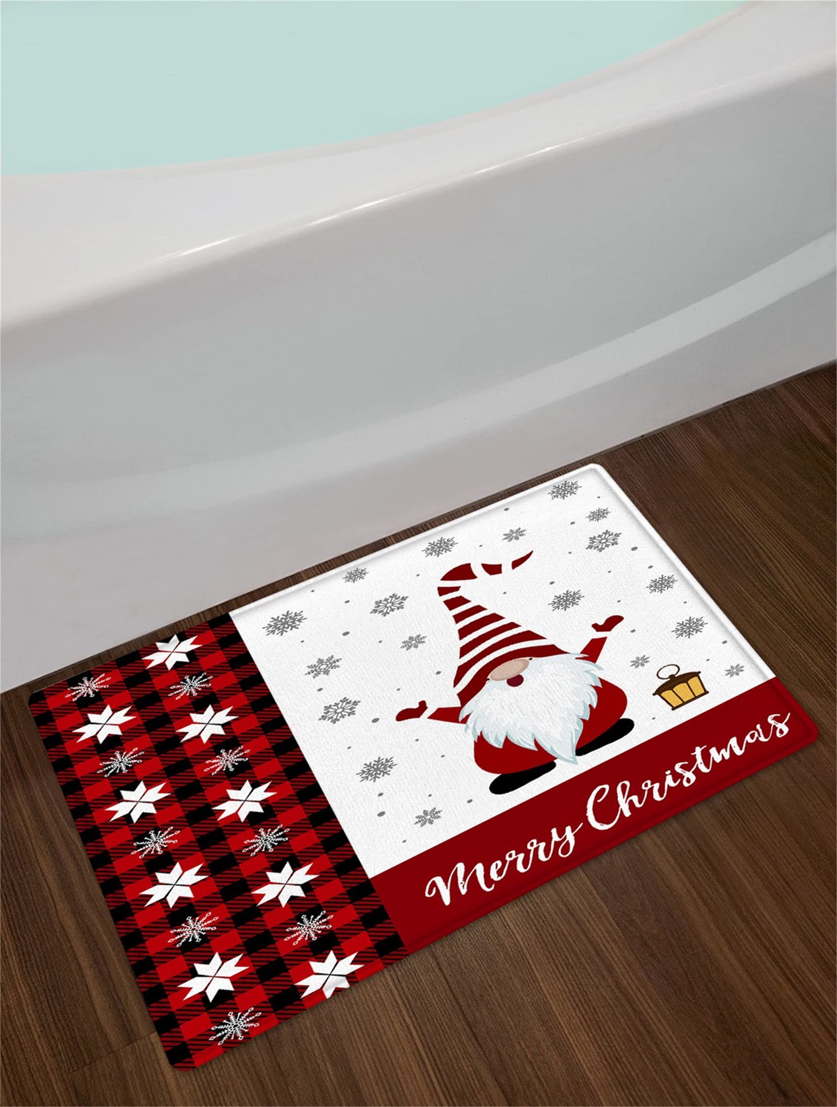 HVEST Merry Christmas Gnome Memory Foam Bath Mat, White Snowflakes on Red and Black Plaid Non Slip Bath Rug Kitchen Mat Door Mat Washable Absorbent Bathroom Décor Rug, 16 X 24 Inches