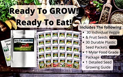 30 Vegetable & Fruit Seeds for Planting Your Outdoor & Indoor Home Seed Garden, Survival Gear Kit Includes 5900 Seeds, A Growing Guide & Mylar Package Gardening Heirloom Non-GMO Veggie Seed B&KM Farms