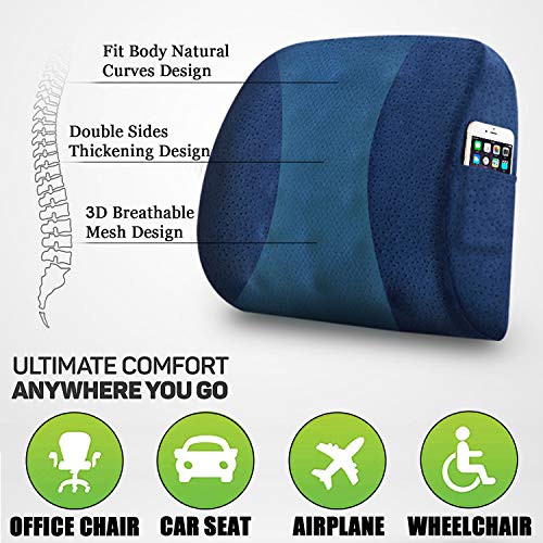 Memory Foam Seat Cushion & Back Cushions,Lumbar Support Pillow for Office Chair and Car ,Ergonomic Design for Coccyx Orthopedic,Relieves Back, Hip, Tailbone (Navy Blue)
