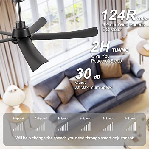 NWIASS Modern Farmhouse Ceiling Fans with Lights, 60" Black Outdoor Ceiling Fans for Patios, Low Profile Flush Mount Ceiling Fan with 5 Blades DC Motor for Indoor Bedroom Garage (60" Black-B)