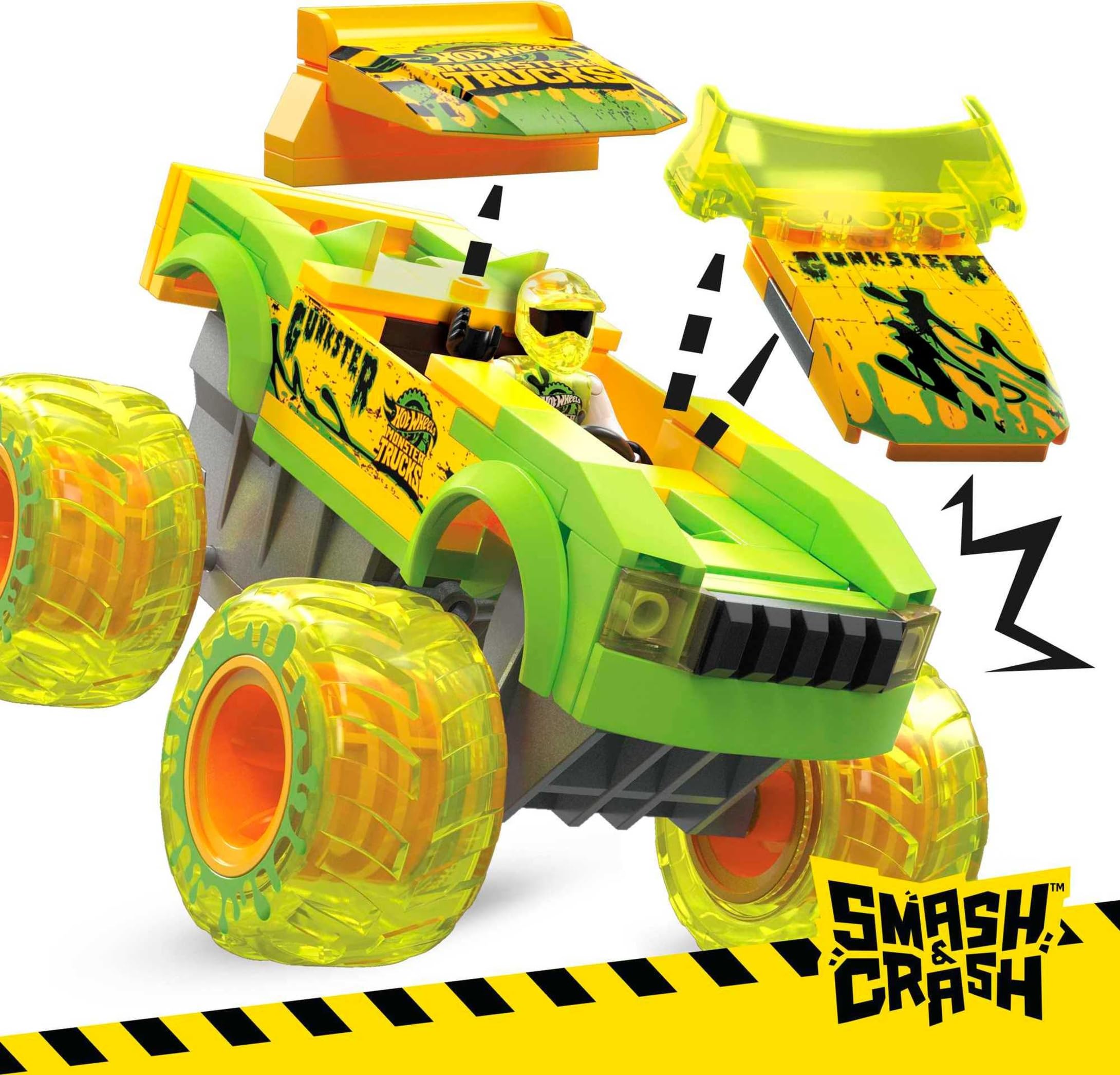 MEGA Hot Wheels Monster Trucks Building Toy Car, Smash & Crash Gunkster with 84 Pieces, 1 Micro Action Figure Driver, Green, Kids Age 5+ Years