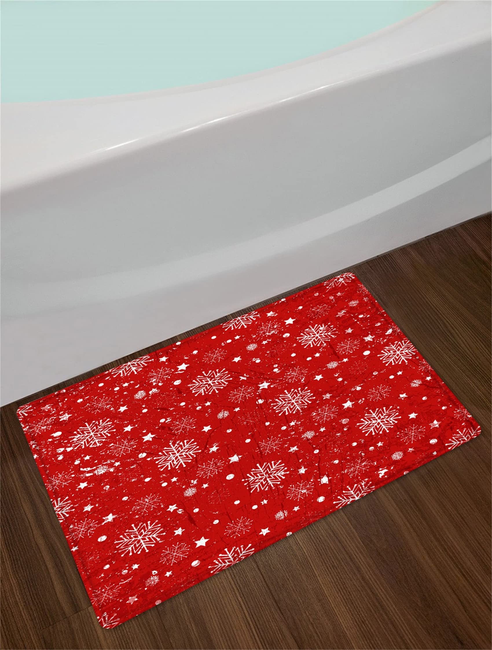 HVEST Winter Snowflake Memory Foam Bath Mat, White Snowflakes on Red Background Non Slip Bath Rug Kitchen Mat Door Mat Washable Absorbent Bathroom Décor Rug, 16 X 24 Inches