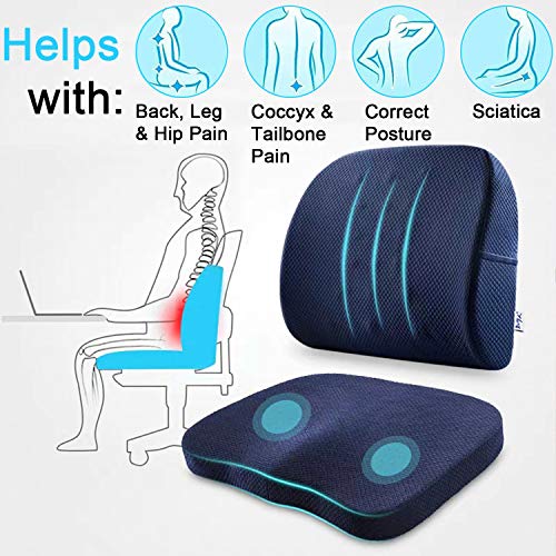 Memory Foam Seat Cushion & Back Cushions,Lumbar Support Pillow for Office Chair and Car ,Ergonomic Design for Coccyx Orthopedic,Relieves Back, Hip, Tailbone (Navy Blue)