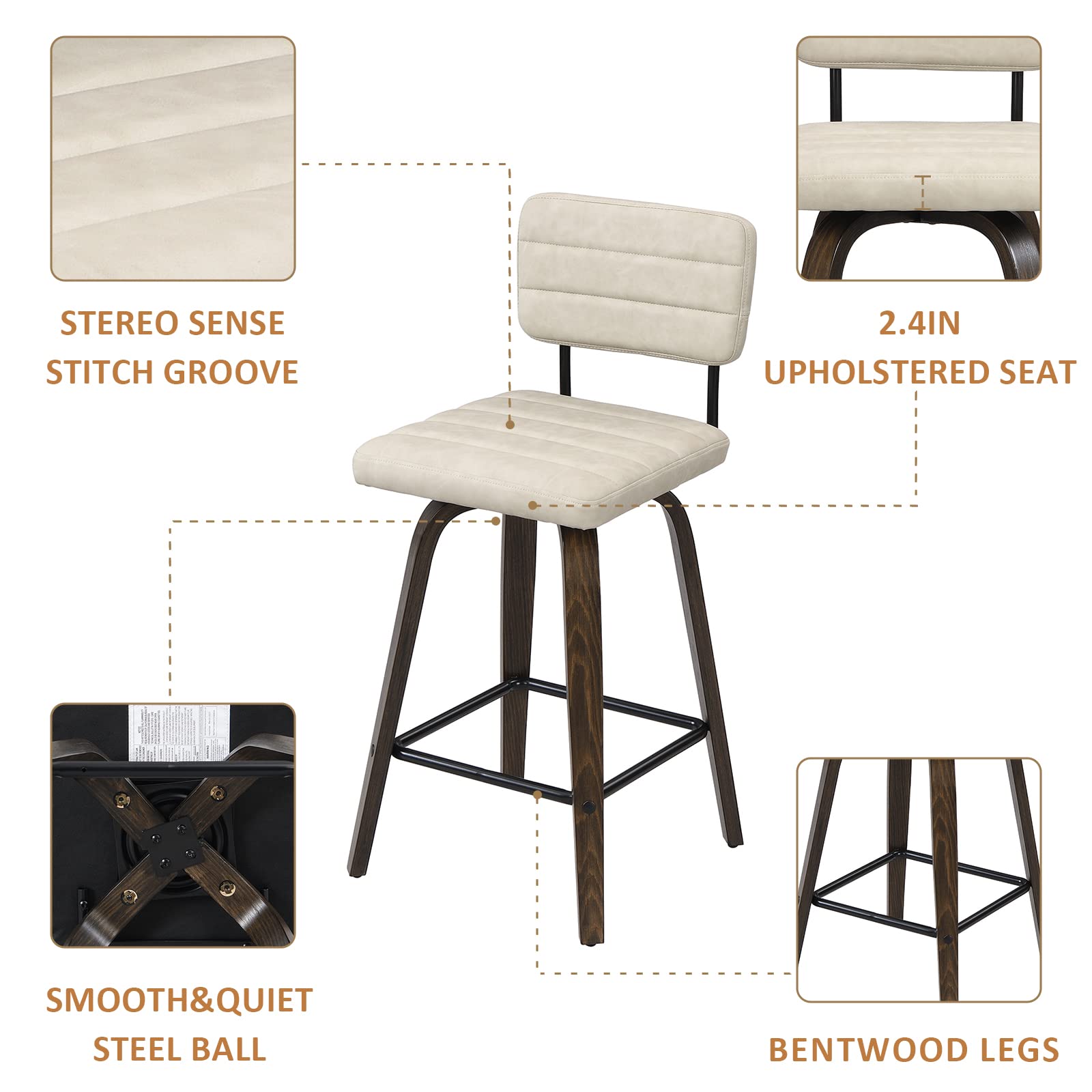 FERFALDER Swivel Bar Stools Set of 2, Counter Height, Wooden Frame, PU Leather Cushions, Beige