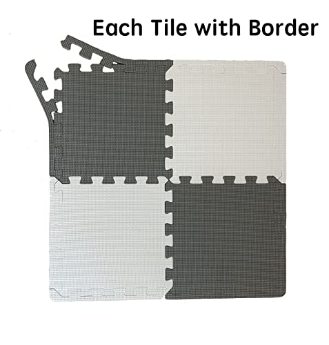 18 Pieces Foam Play Mat, Interlocking Playmat Tiles, Foam Floor Mat Tiles for Kids, Puzzle Play Mat, Exercise Gym Mats – Color of Gray & White with Border