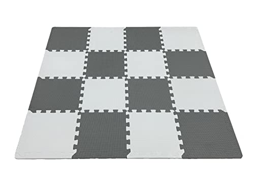 18 Pieces Foam Play Mat, Interlocking Playmat Tiles, Foam Floor Mat Tiles for Kids, Puzzle Play Mat, Exercise Gym Mats – Color of Gray & White with Border