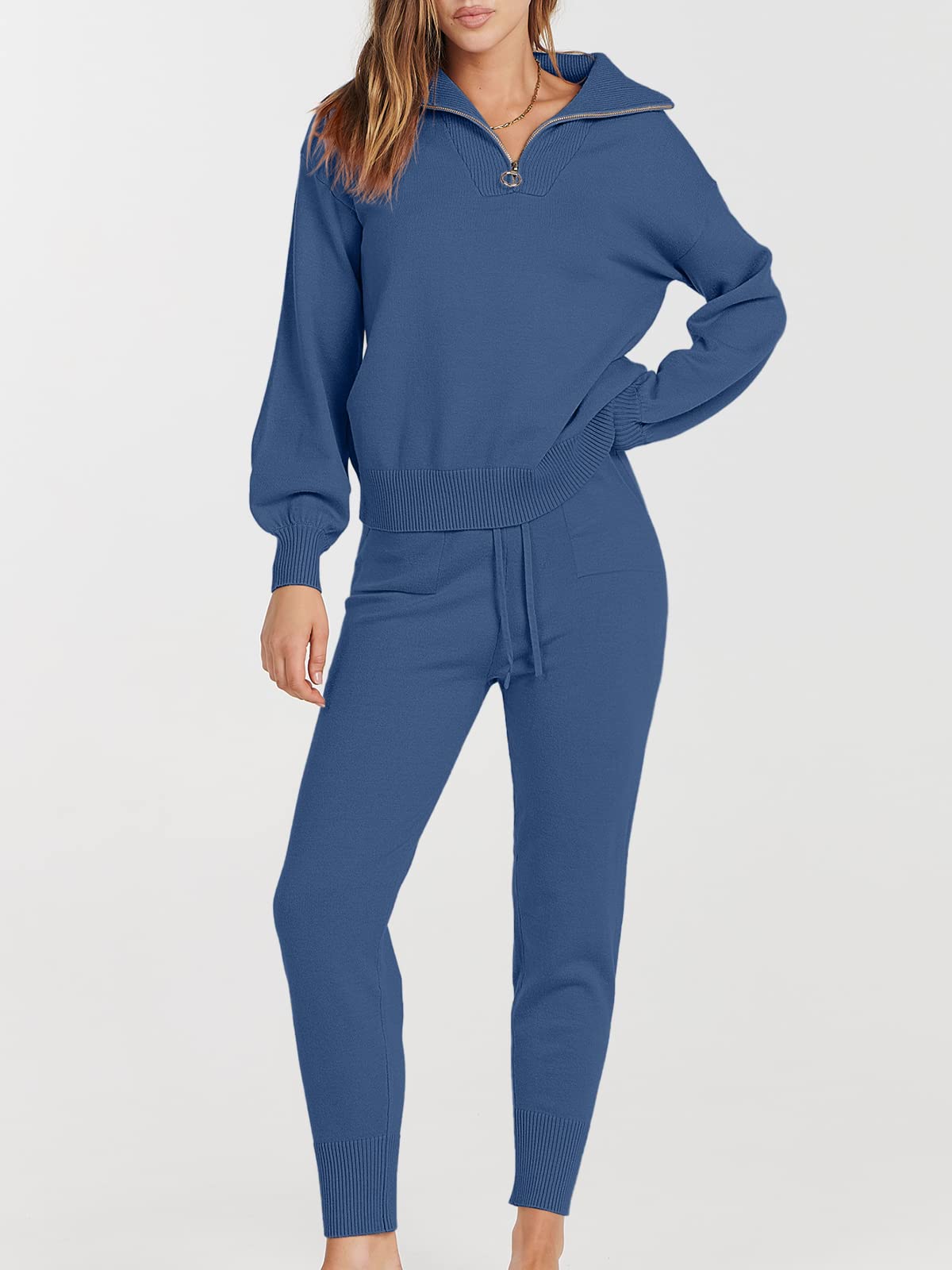ANRABESS Women's Two Piece Outfits Sweater Sets Long Sleeve Zip Up Knit Pullover Jogger Pants Tracksuit 2024 Fall Lounge Sets Small