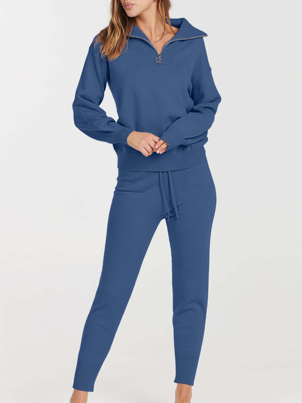 ANRABESS Women's Two Piece Outfits Sweater Sets Long Sleeve Zip Up Knit Pullover Jogger Pants Tracksuit 2024 Fall Lounge Sets Small