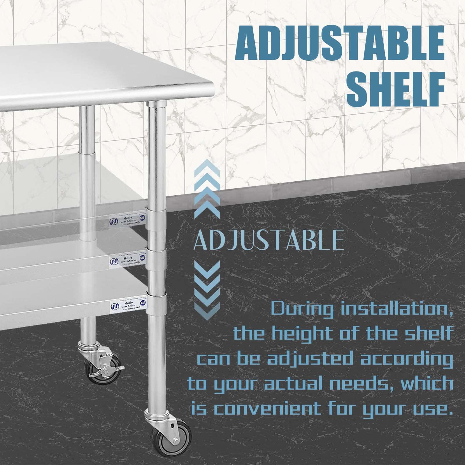Hally Stainless Steel Table for Prep & Work 24 x 18 Inches with Caster Wheels, NSF Commercial Heavy Duty Table with Undershelf and Galvanized Legs for Restaurant, Home and Hotel
