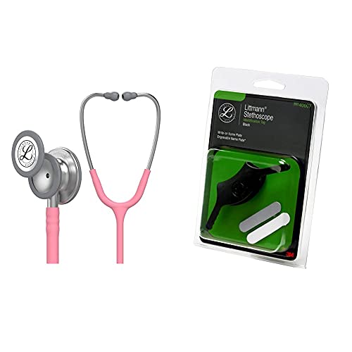3M Littmann Classic III Monitoring Stethoscope, Pearl Pink Tube, 27 inch, 5633 & 40007 Stethoscope Identification Tag, Black