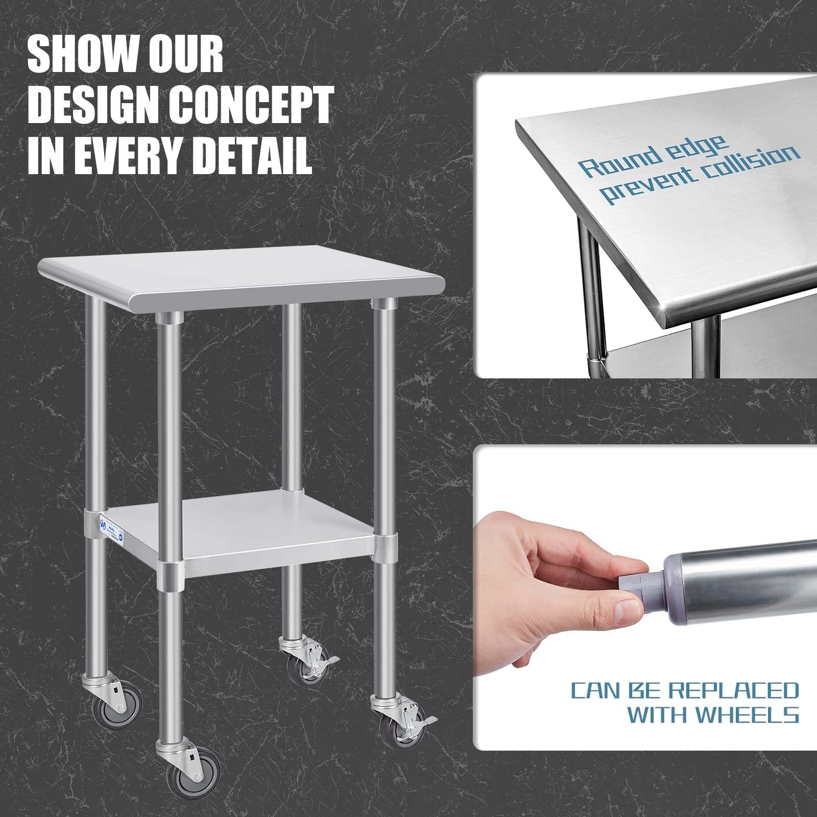 Hally Stainless Steel Table for Prep & Work 24 x 18 Inches with Caster Wheels, NSF Commercial Heavy Duty Table with Undershelf and Galvanized Legs for Restaurant, Home and Hotel