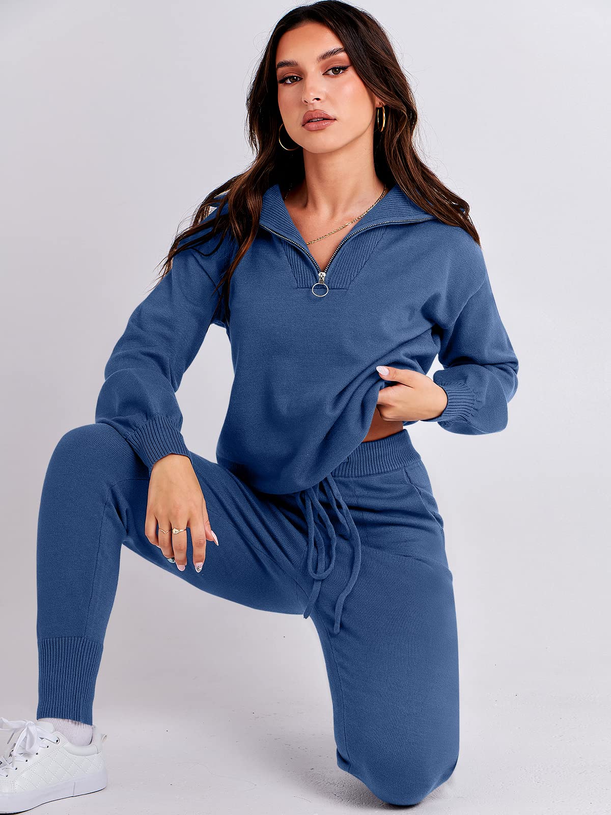 ANRABESS Women's Two Piece Outfits Sweater Sets Long Sleeve Zip Up Knit Pullover Jogger Pants Tracksuit 2024 Fall Lounge Sets Small