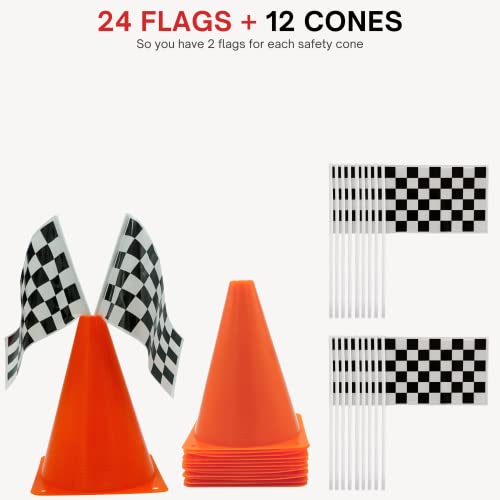 38 Pcs Set - 12 Traffic Cones With Hole on Top, 24 Checkered Flags, Racetrack Floor Runner - for For Race Car Birthday Party Supplies, Table Centerpiece Decorations for Kids by 4E's Novelty