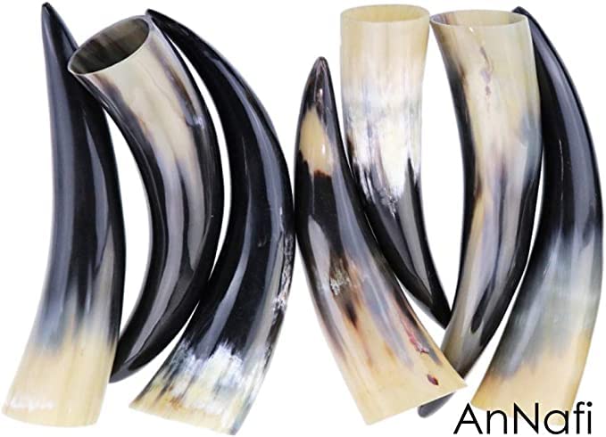 AnNafi® Original Natural Bull Horns I Handcrafted Cow Horn Set LARP SCA I ALE – Medieval Authentic Viking Drinking Horn I Curved Style Horns | Viking & Game of Thrones Fan Collection (Set of 3)