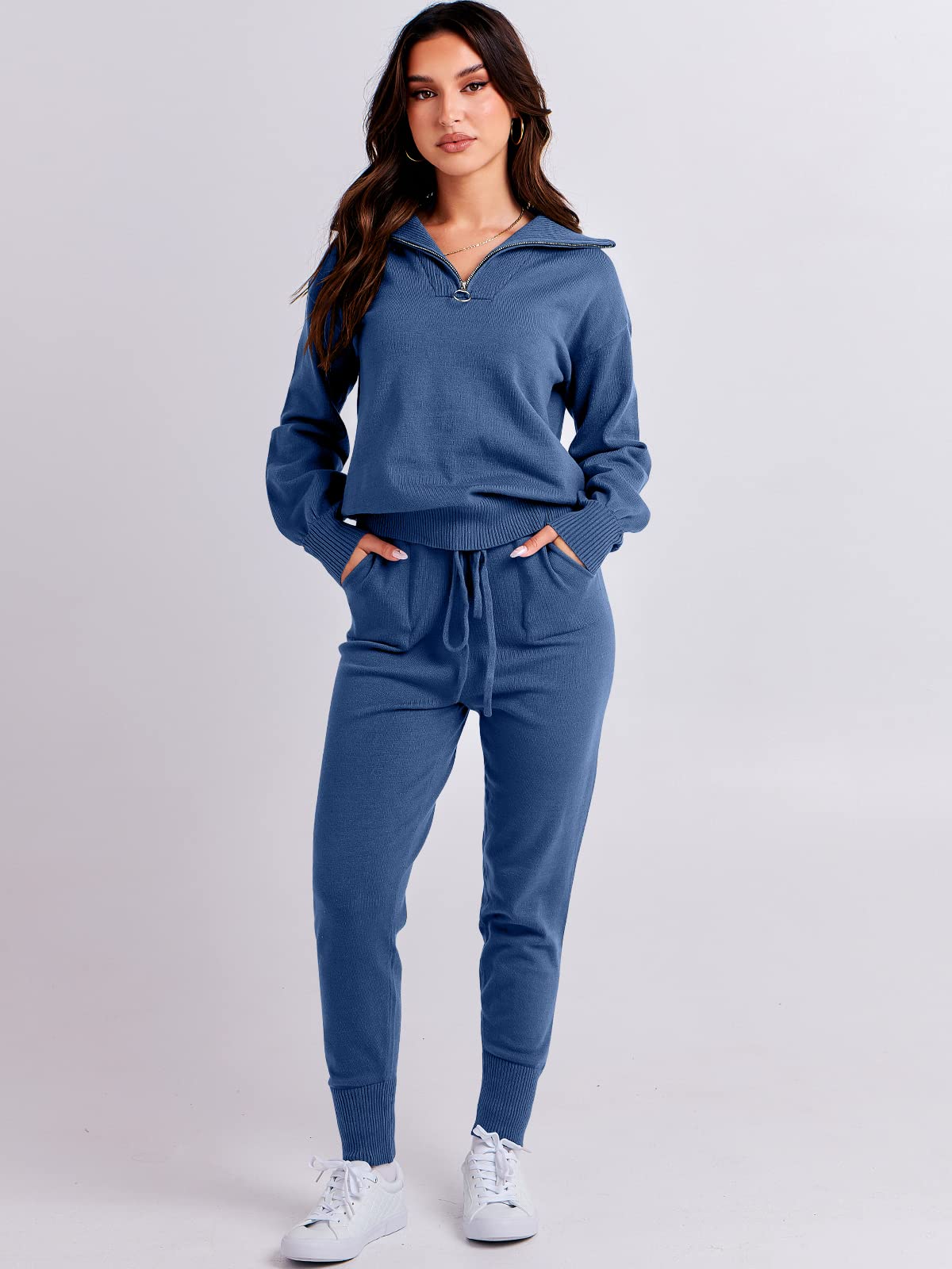 ANRABESS Women's Two Piece Outfits Sweater Sets Long Sleeve Zip Up Knit Pullover Jogger Pants Tracksuit 2024 Fall Lounge Sets Small