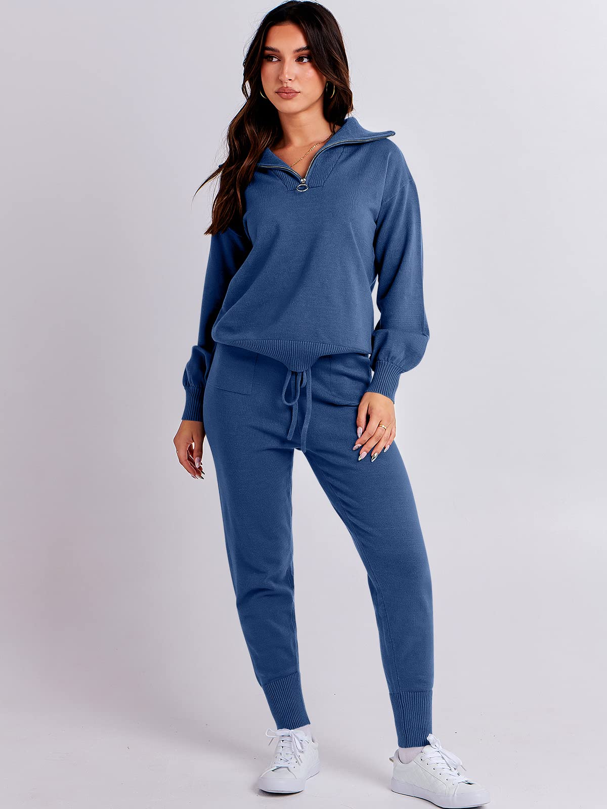 ANRABESS Women's Two Piece Outfits Sweater Sets Long Sleeve Zip Up Knit Pullover Jogger Pants Tracksuit 2024 Fall Lounge Sets Small