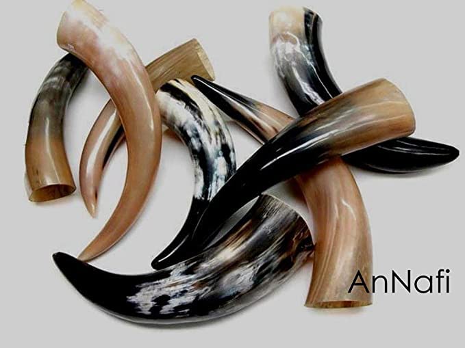 AnNafi® Original Natural Bull Horns I Handcrafted Cow Horn Set LARP SCA I ALE – Medieval Authentic Viking Drinking Horn I Curved Style Horns | Viking & Game of Thrones Fan Collection (Set of 3)